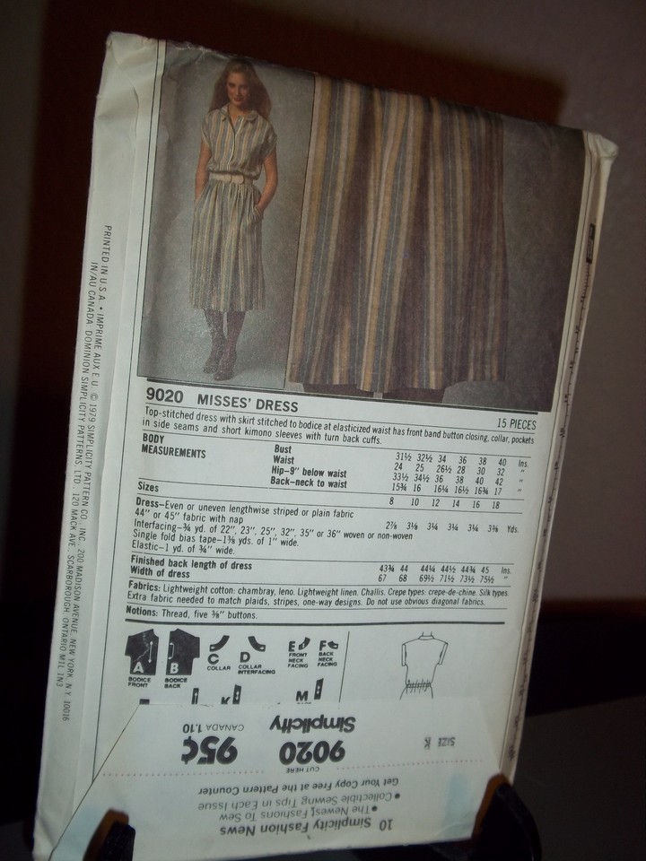 Simplicity ESP #9020 Sewing Pattern Misses Dress Size K 8 10 12 FF ...