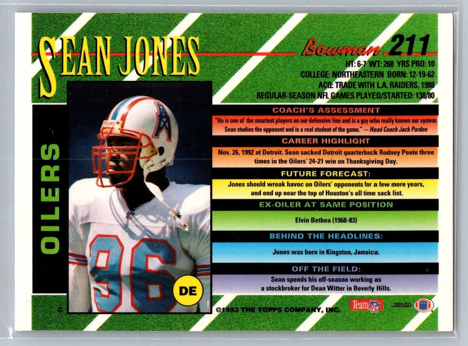 1993 TOPPS BOWMAN CARD # 211 Sean Jones - Houston Oilers | eBay