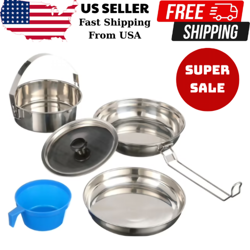 5-Piece Space-Saving Stainless Steel Camping Cookware Mess Kit with ...