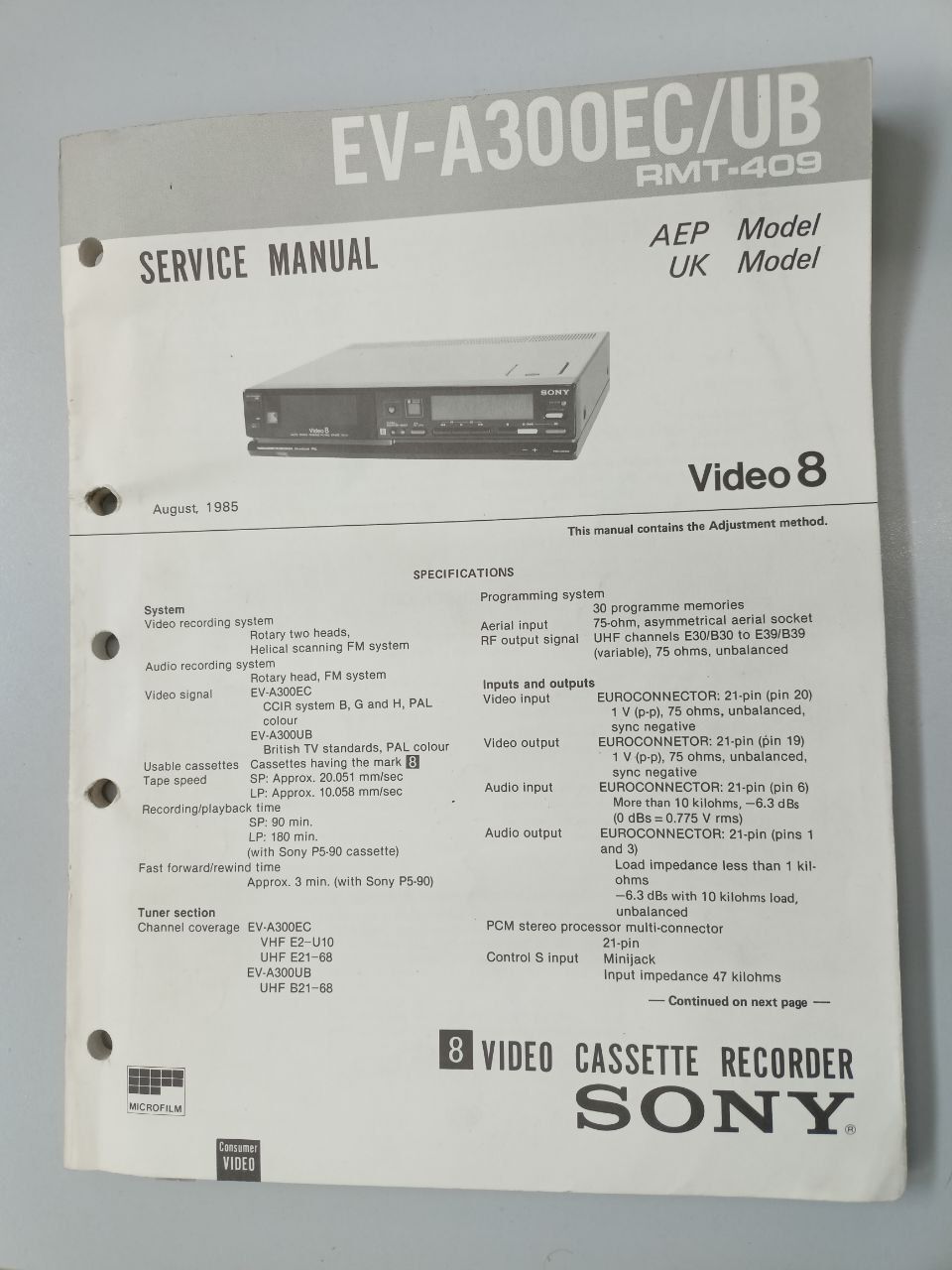 Service Manual Sony Video Cassette Recorder EV-A300EC | eBay