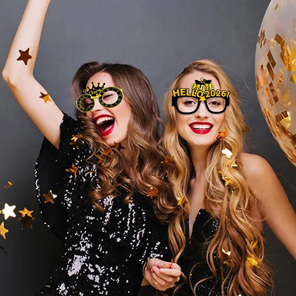 16 Pcs Happy New Year Glasses 2026 Black Gold Paper Eyeglasses Photo ...