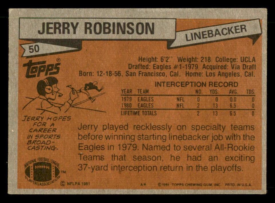 1981 Topps Jerry Robinson # 50 Philadelphia Eagles | eBay
