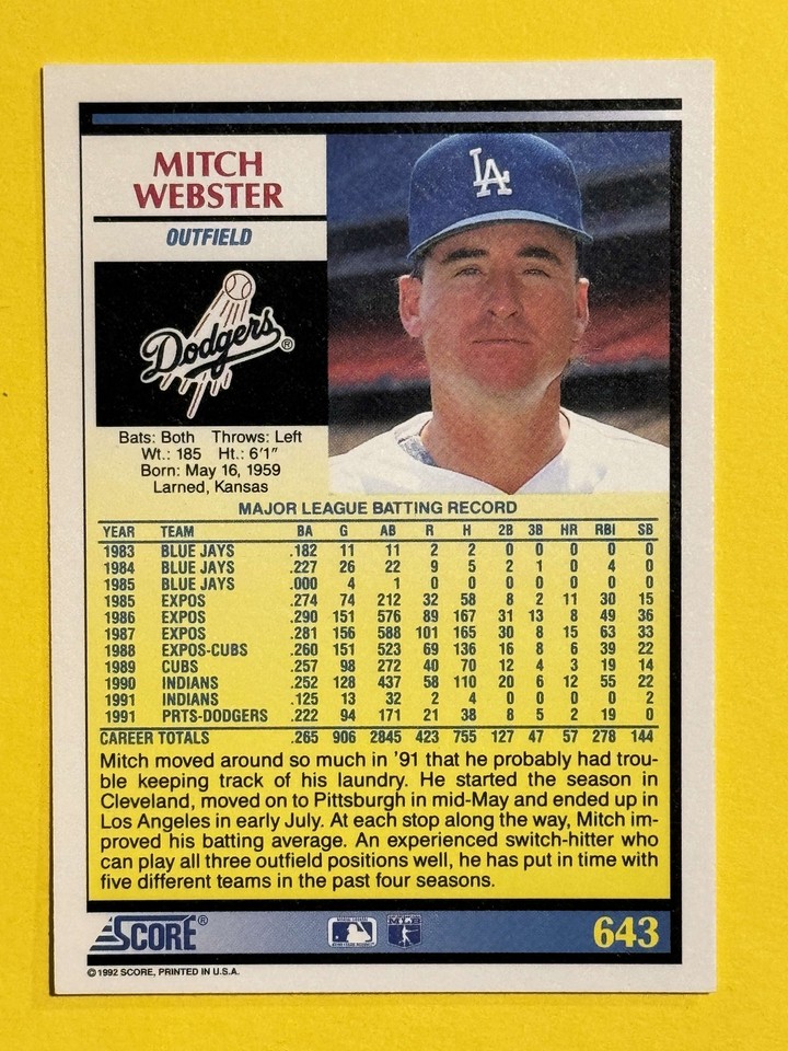 Mitch Webster 1992 Score Base #643 Los Angeles Dodgers | eBay