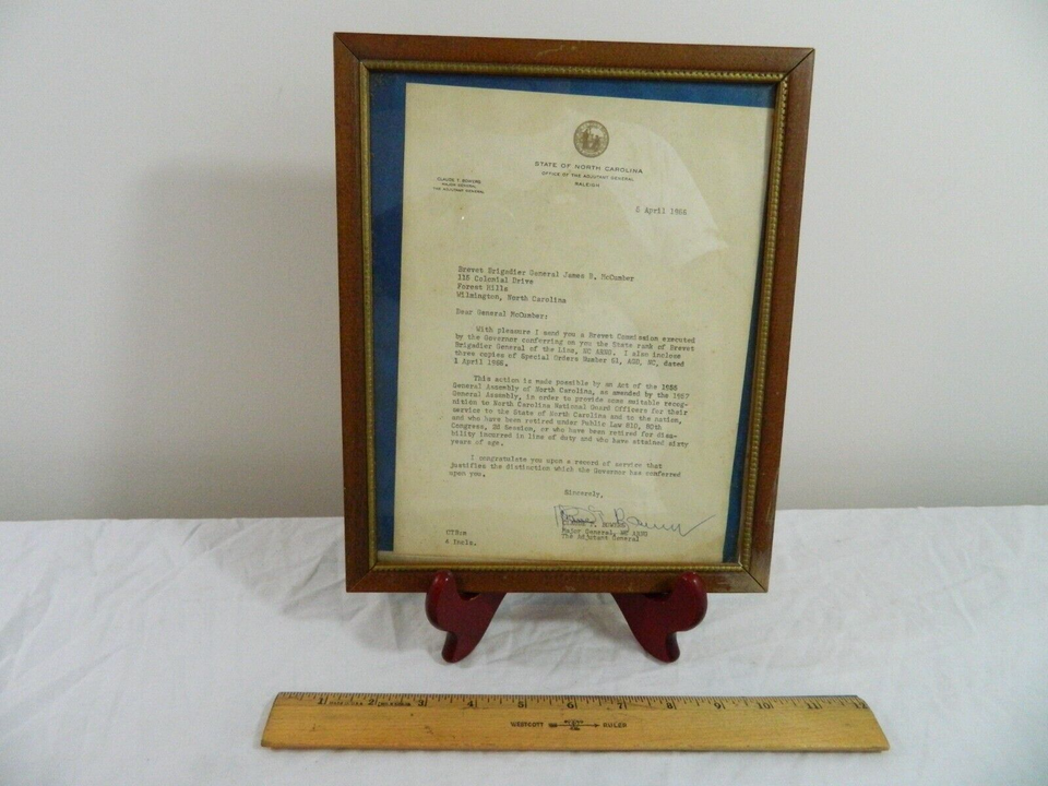 US Army 1966 State NC Brevet Commission Certificate Award General James ...