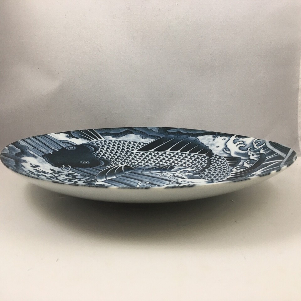 SET of 2 Japanese Dinner Serving Plate 10"D Porcelain Navy Black Koi ...