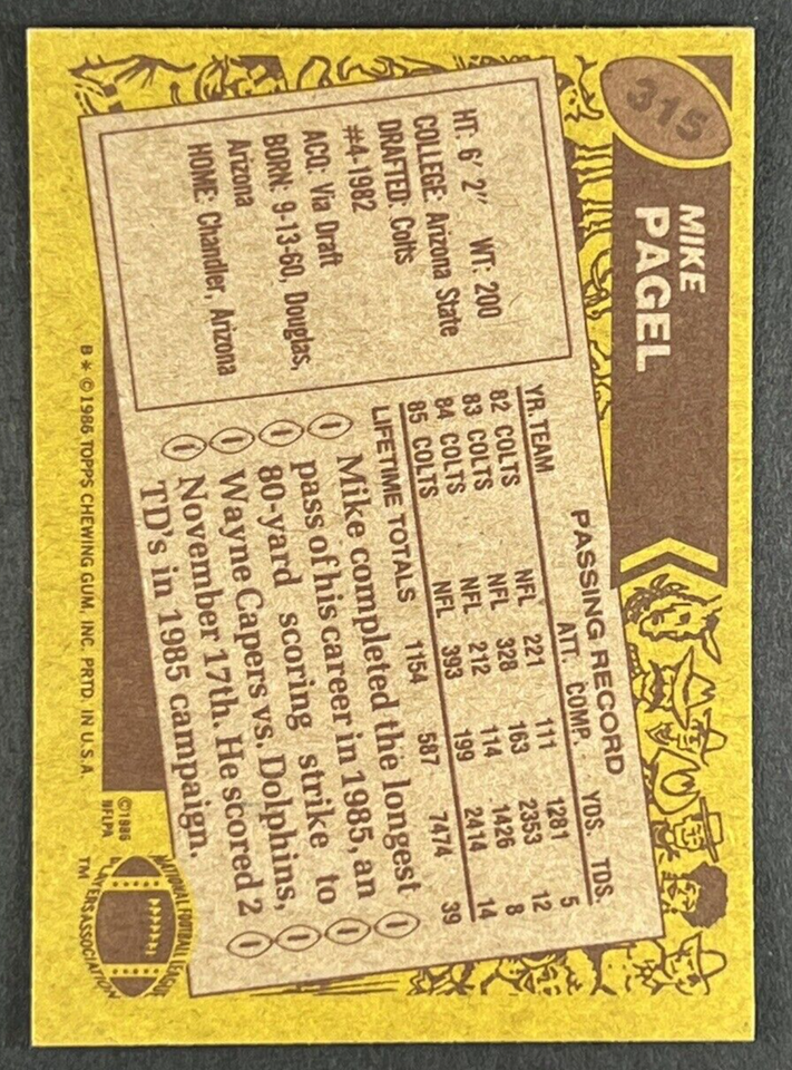 Mike Pagel 1986 Topps #315 Indianapolis Colts | eBay