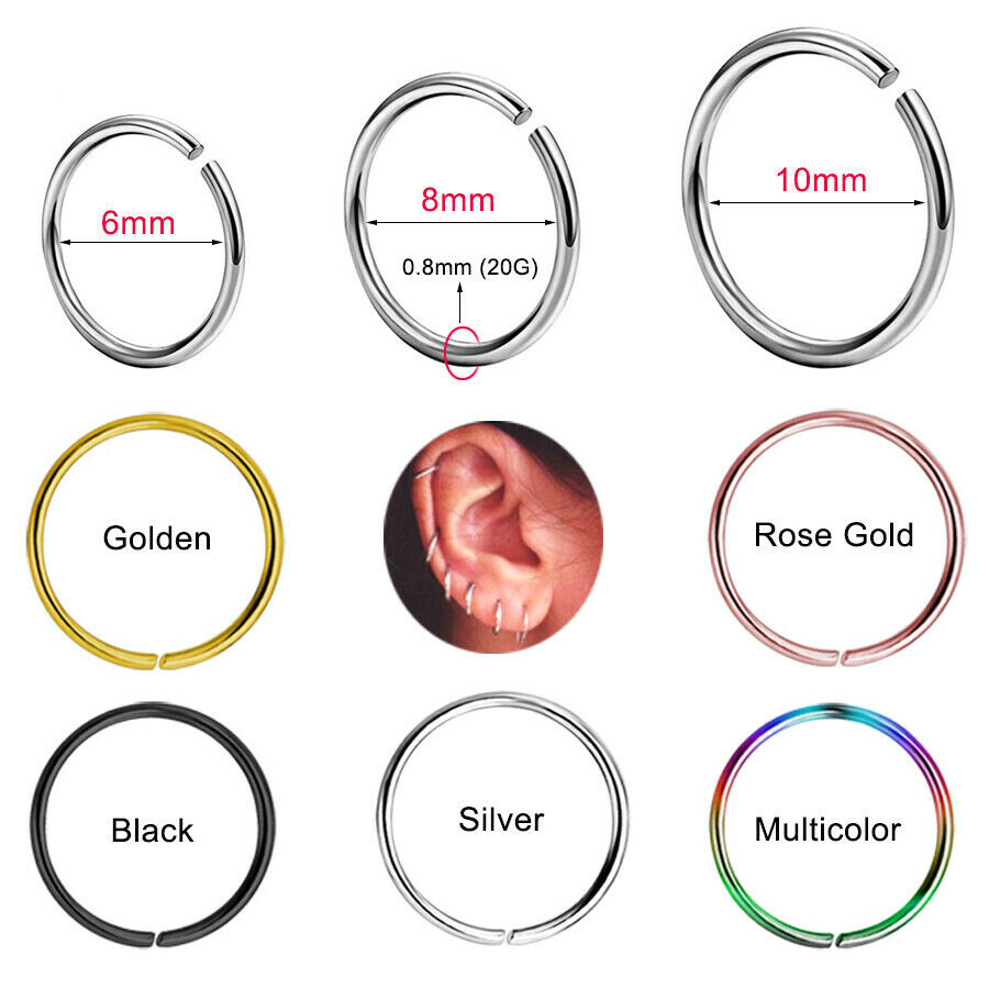 15pc 20g Surgical Steel 6/8/10mm Nose Jump Ring Universal Hoop Ear Lip Piercing | eBay