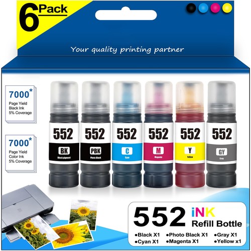 T552 552XL 6-Color Ink Set for ET-8550/ET-8500 Printers (K/PB/C/M/Y/GY ...