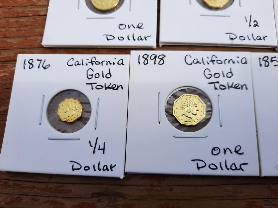 LOT OF 9 CALIFORNIA GOLD TOKENS FRACTIONALS 1852, 1854, 1881, 1872 ...