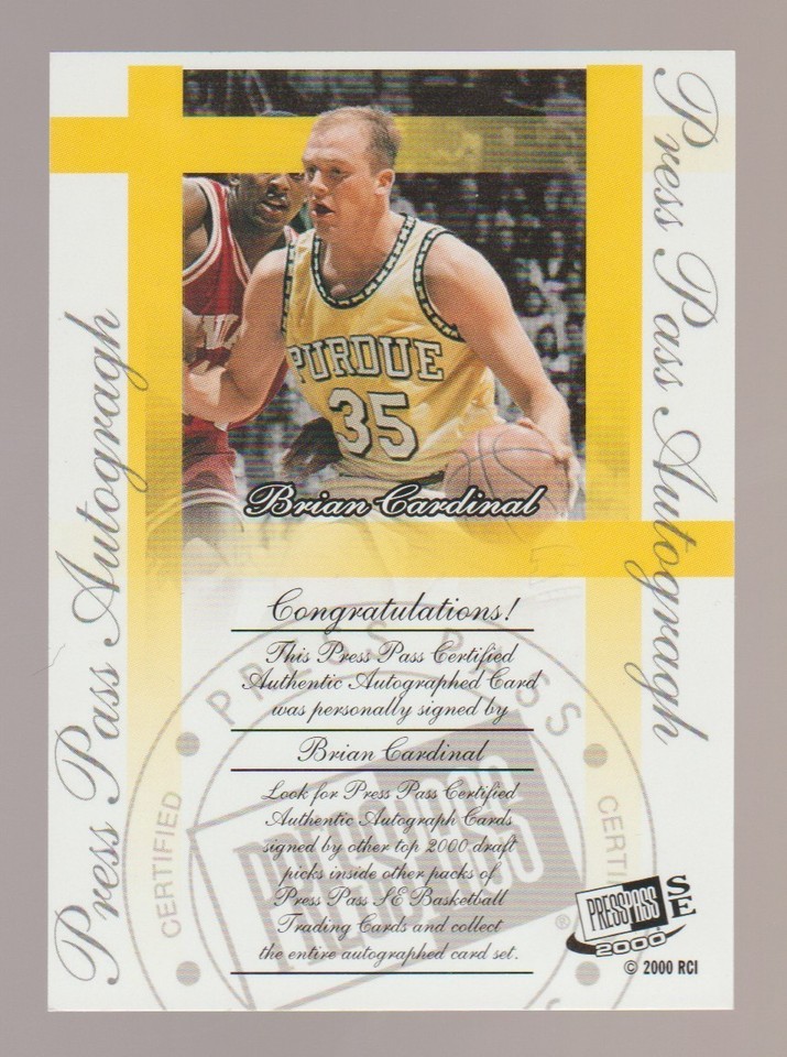 BRIAN CARDINAL Purdue 2000 Press Pass Autograph SP RC ON CARD AUTO | eBay