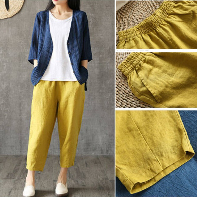 Summer Lady Cotton Linen Cropped Pants Ethnic Pocket Trousers Thin ...
