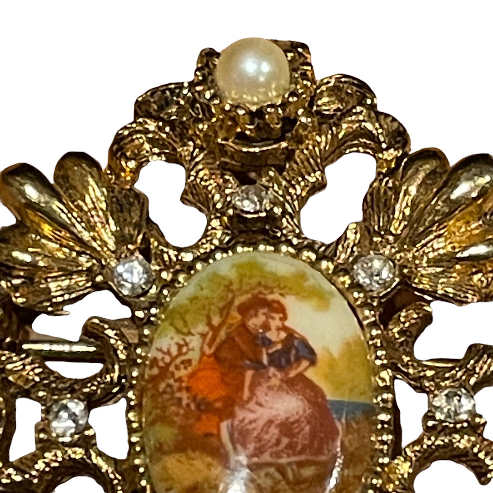 GRAZIANO Brooch Pin Gold Tone 8 Rhinestones 4 Faux Pearls Courting ...