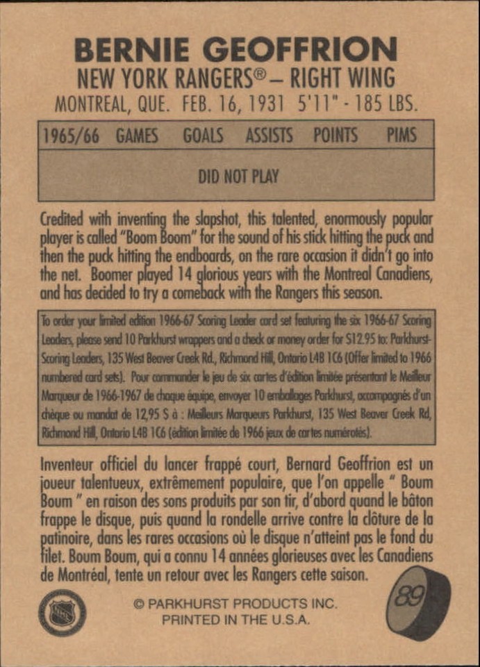 1995-96 Parkhurst '66-67 Rangers Hockey Card #89 Bernie Geoffrion | eBay