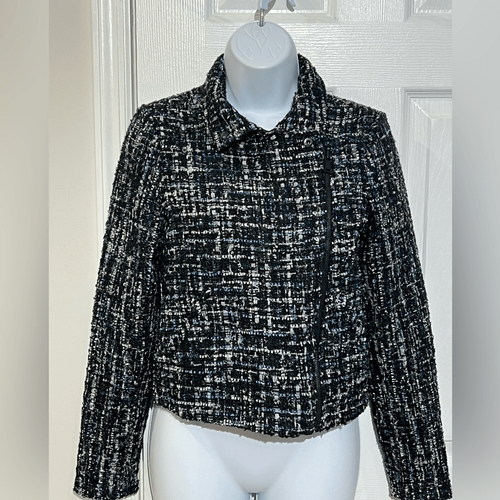 Express Black White Blue Metallic Sparkle Tweed Moto Jacket Coat Size ...