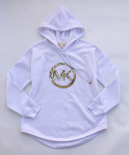 MICHAEL KORS WOMENS WHITE HOODIE SWEATSHIRT MK LOGO GOLD SEQUINS NEW SZ ...