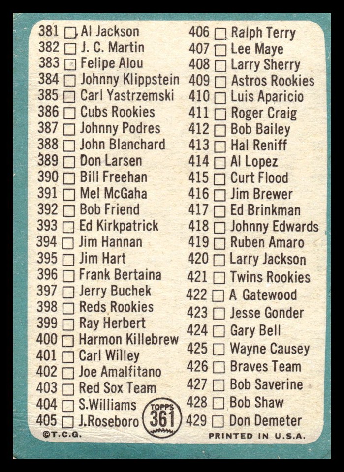 1965 Topps Checklist 353-429 CL #361 Baseball Card | eBay