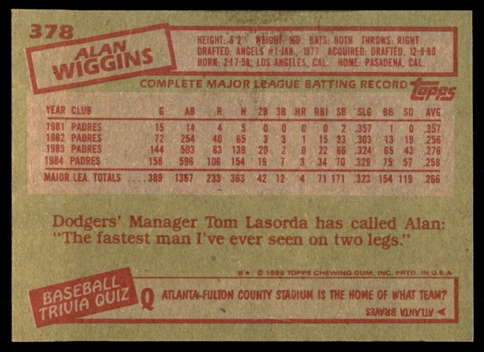 1985 Topps Alan Wiggins San Diego Padres #378 | eBay