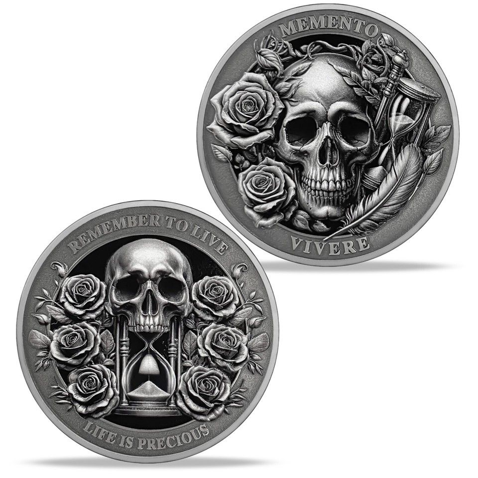 10pc Silver Rose Skull Memento Mori Coin DEC Stoic Reminder Challenge ...