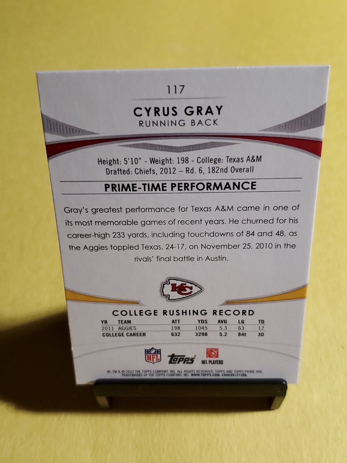 2012 Topps Prime Football Card #117 Cyrus Gray Rookie Kansas City ...