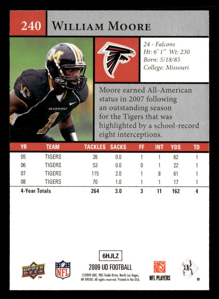 William Moore 2009 Upper Deck Rookie Card #240 Atlanta Falcons | eBay