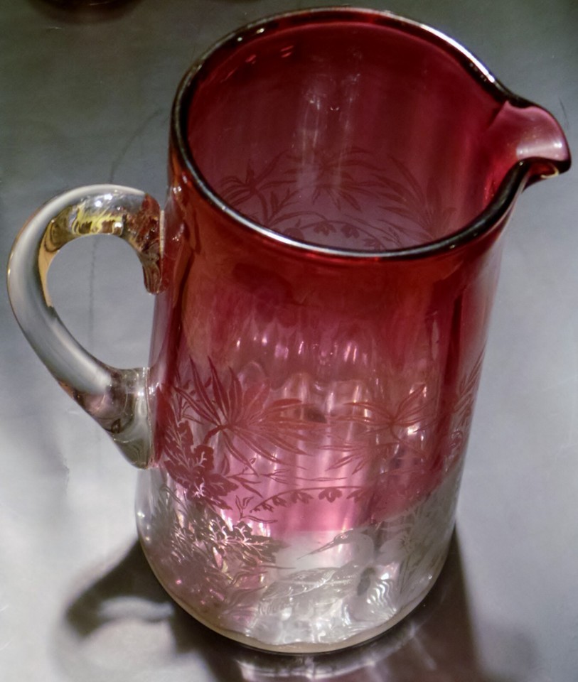 5pc Pitcher Tumblers set Northwood Rubina Glass Etched Aurora Bird ...