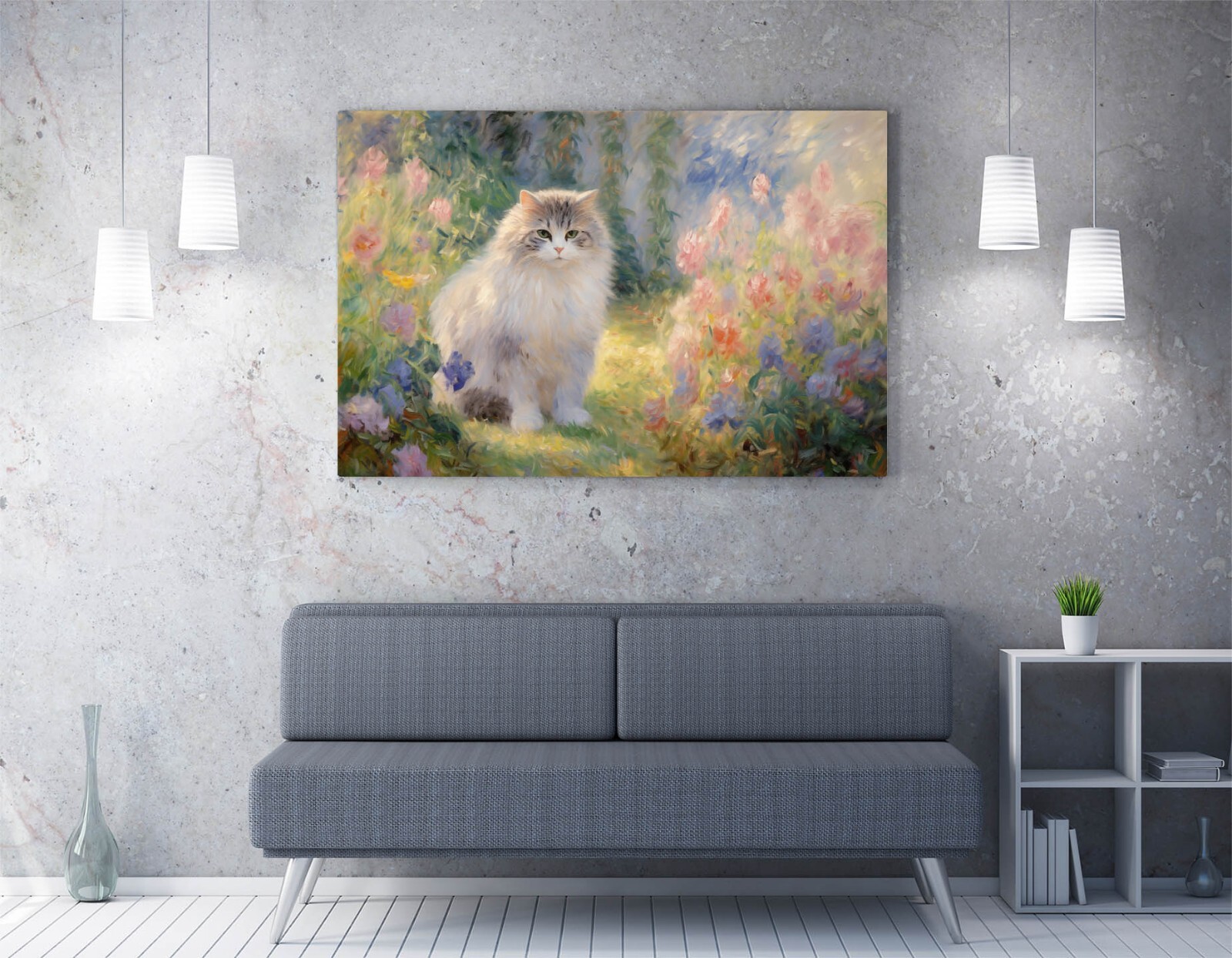 CLAUDE MONET STYLE CAT IN ARTISTS GARDEN 3 -DEEP FRAMED CANVAS WALL ART ...