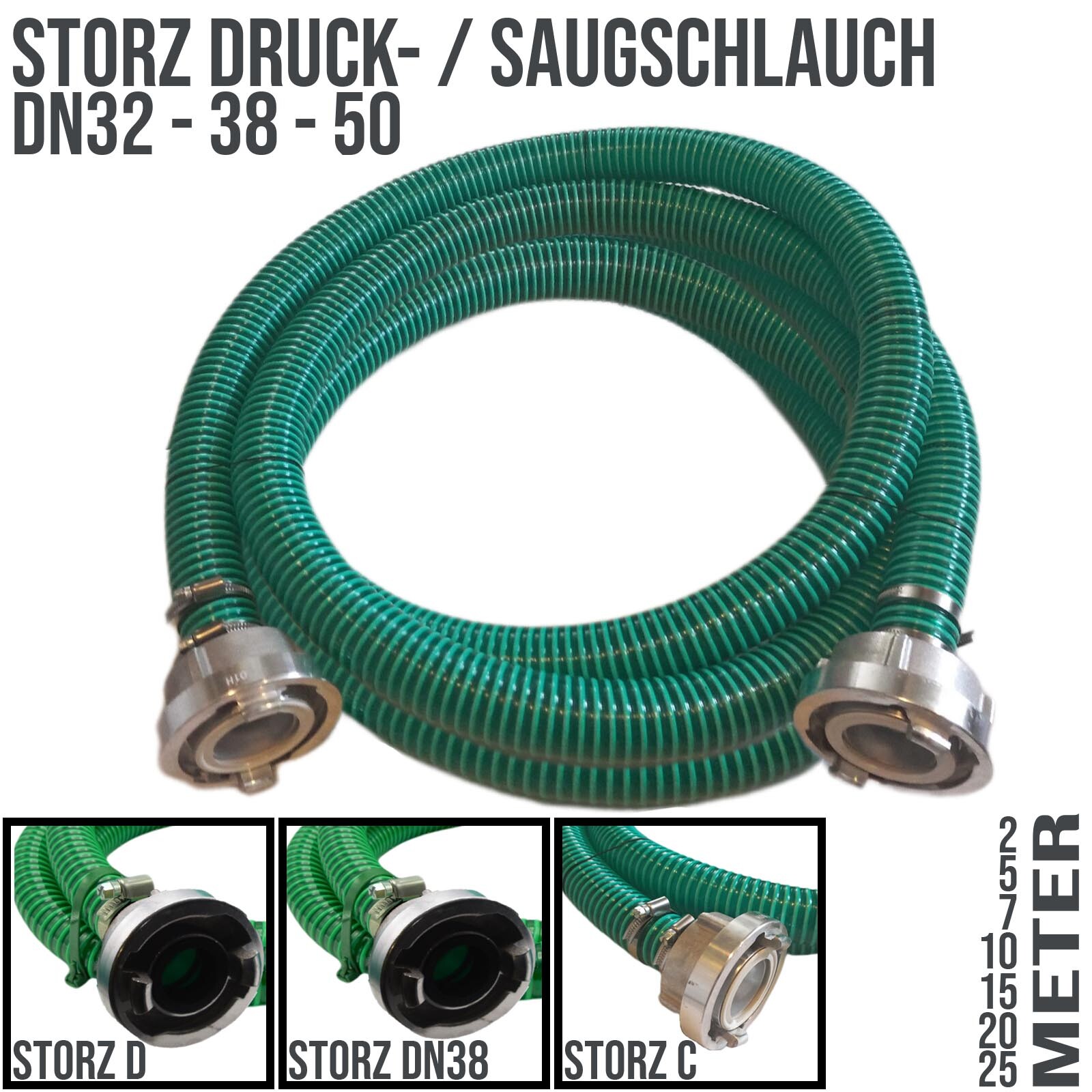 STORZ C D DN38 Ansaug Saug Druck Schlauch 25 32 38 50 mm grün 2 - 25 m Rolle | eBay