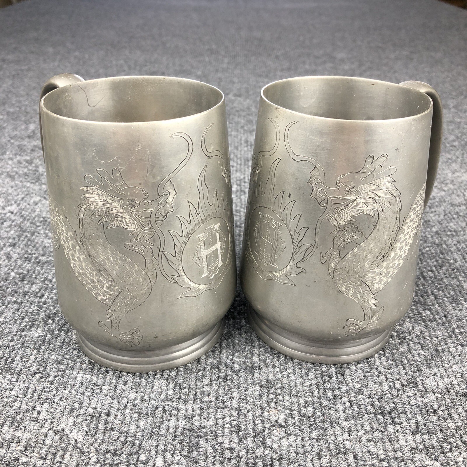 Antique Chinese Dragon Engraved Glass Bottom Pewter Tankards, Set of 2 ...
