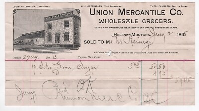 1895 UNION MERCANTILE CO WHOLESALE GROCERS BILLHEAD HELENA MT LOUIS HILLEBRECHT | eBay