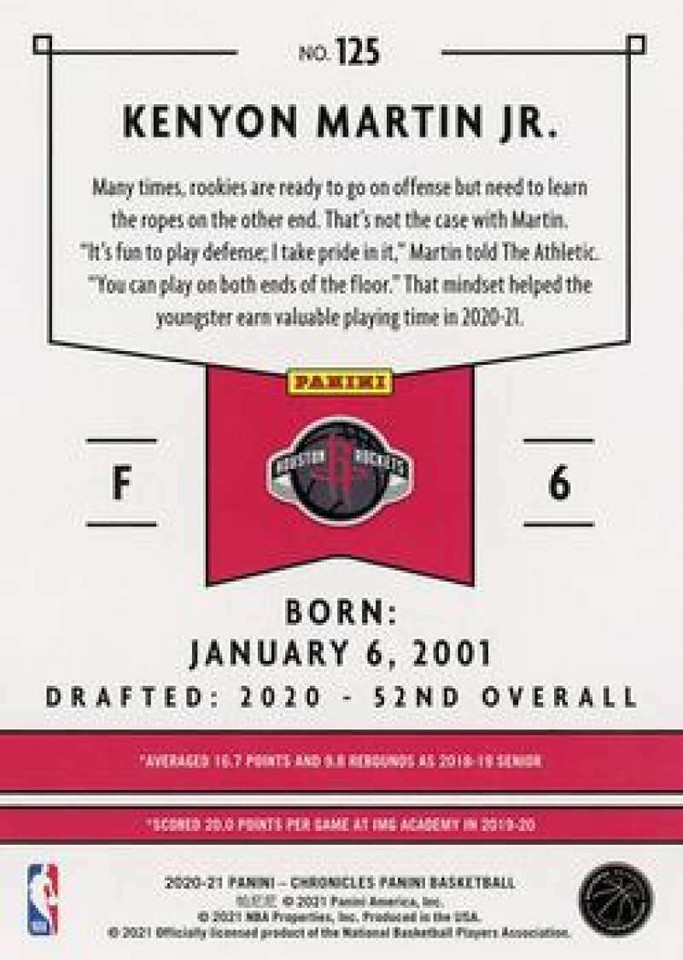 KENYON MARTIN JR. RC 2020-21 Panini Chronicles Panini #125 ROOKIE NBA R ...