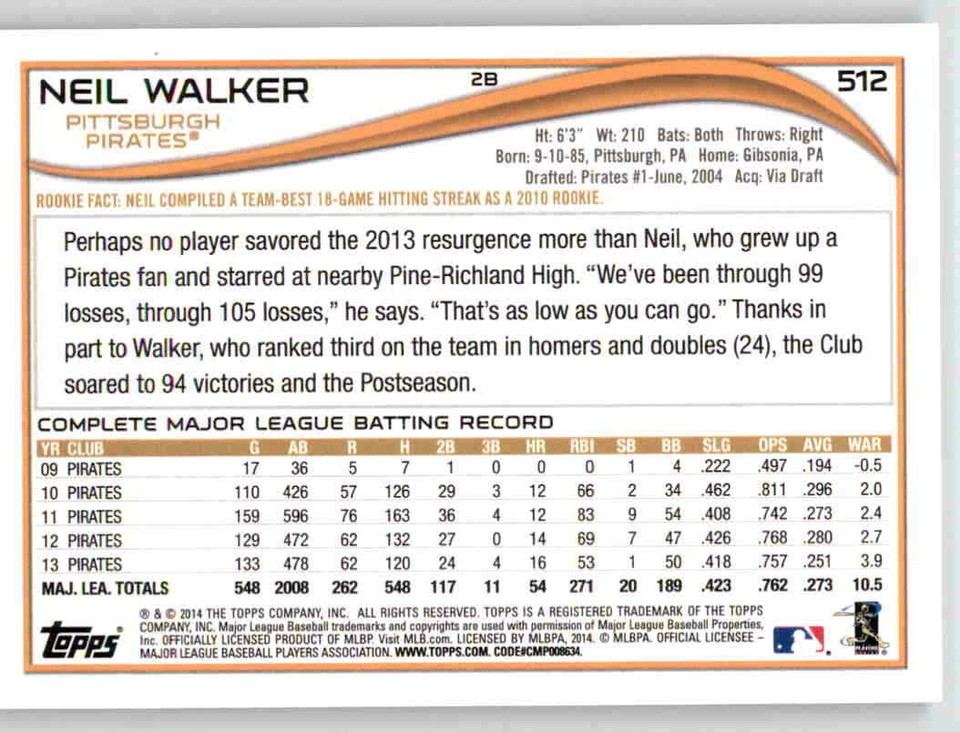 2014 Topps Neil Walker Base Card MLB PWE Pirates #512 | eBay
