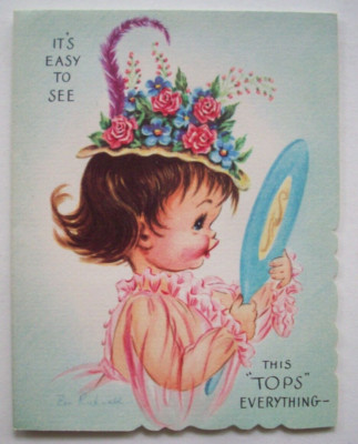 Girl looks in mirror Eve Rockwell vintage UNUSED Birthday greeting card ...