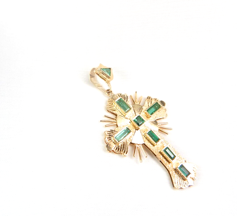 Colombian Emerald Cross Pendant 3.00 Cts 18K Yellow Gold Antique Style ...