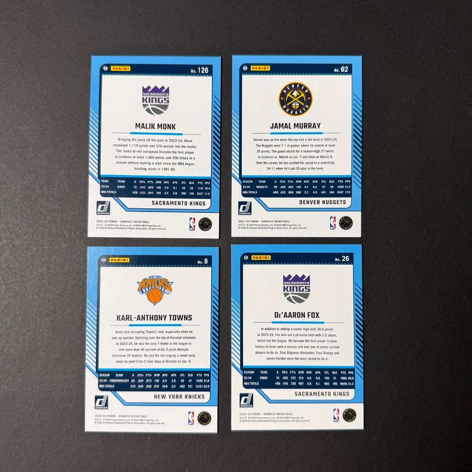 Kentucky Wildcats NBA Donruss 2024-25 - 4 Card Lot - Murray, Fox, Towns ...