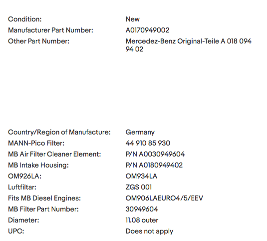 MANN Pico Air Filter / Intake Housing Mercedes Benz Diesel Engines A ...