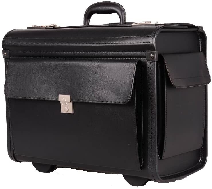 Large Quality Leather Pilot Case Wheeled Laptop Trolley Flight Bag Hand ...