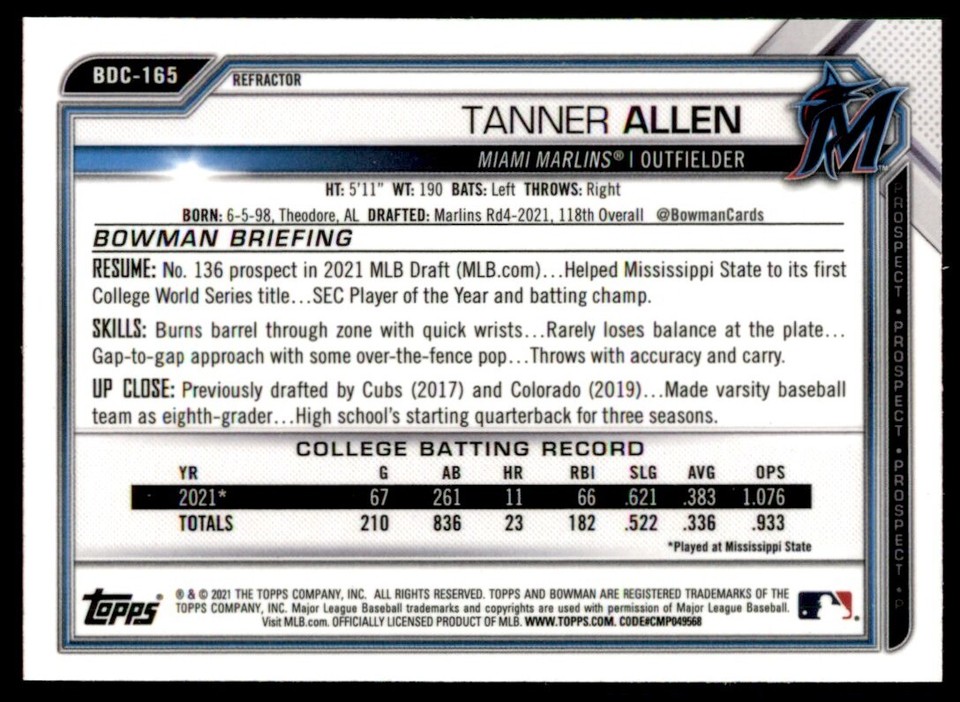 Tanner Allen 2021 Bowman Draft Chrome Rookie 1st Card RC Refractor #BDC ...