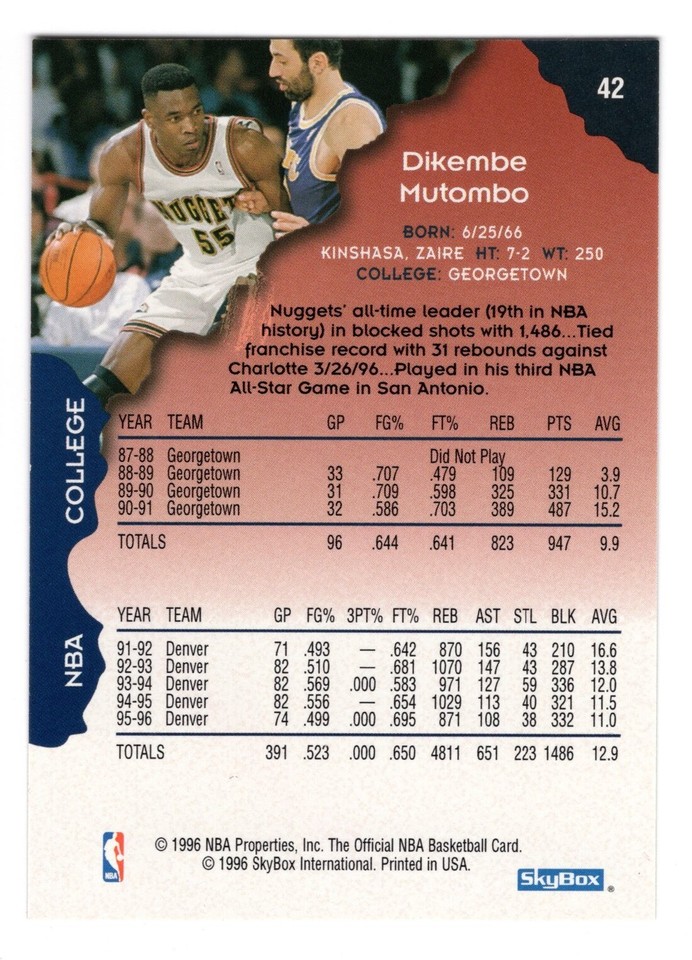 1996-97 NBA HOOPS DIKEMBE MUTOMBO CARD #42 **NM-MT** DENVER NUGGETS | eBay