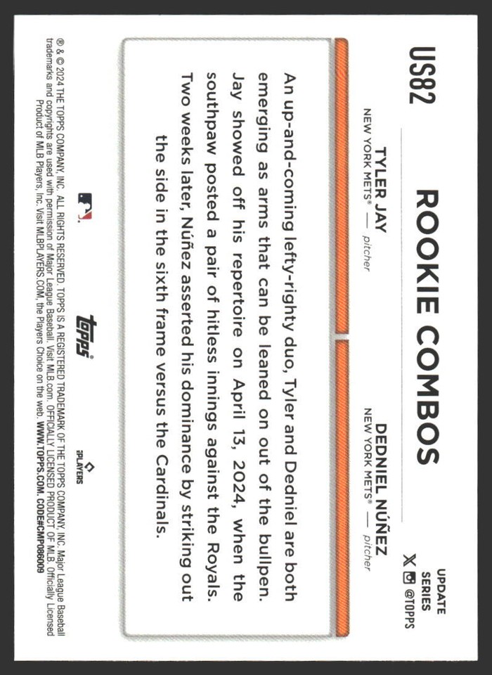 Dedniel Nunez / Tyler Jay RC, RCOM #US82 2024 Topps Update New York ...