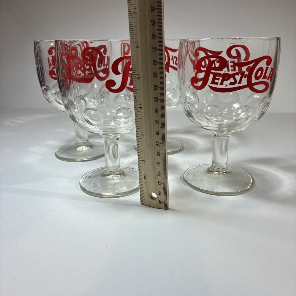 LOT OF 4 Glass Pepsi-Cola RED Stemmed Mugs Goblets THUMB PRINT good ...