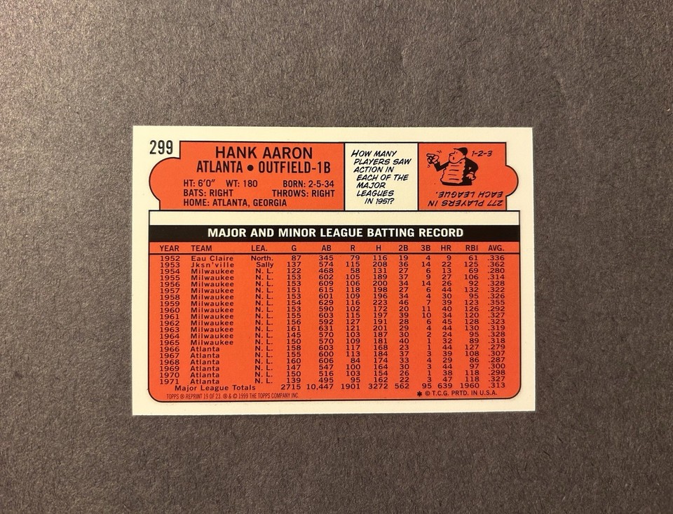 1999 Topps #299 Hank Aaron '72 Reprint.ATL Braves Card NM-MT+ HOF | eBay
