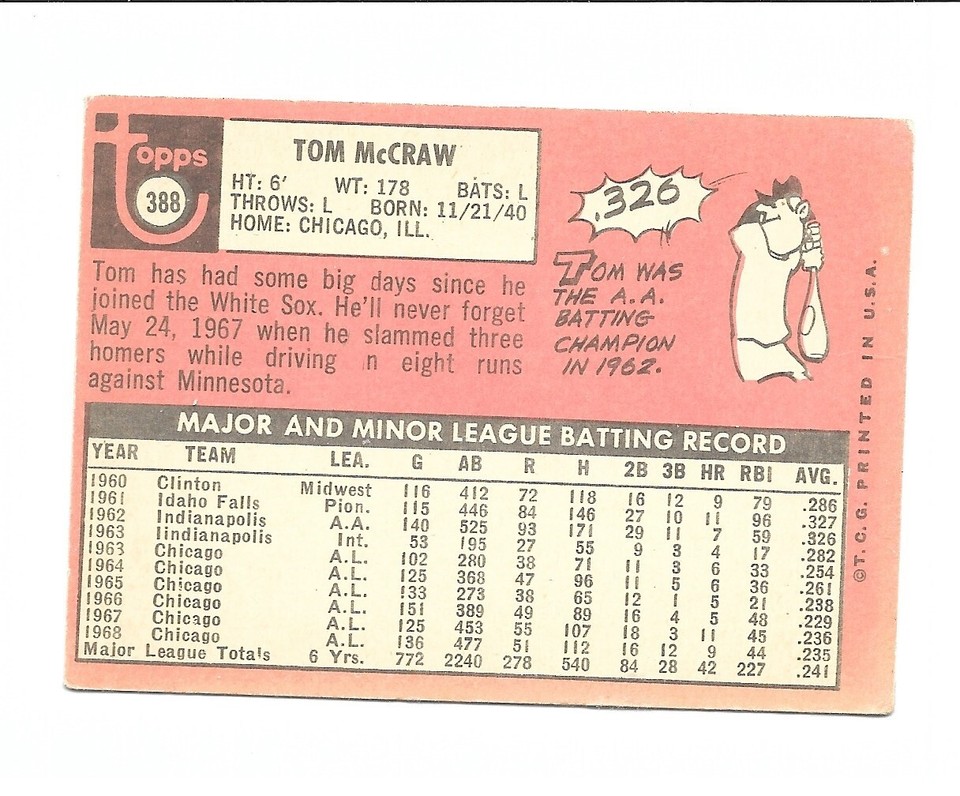 1969 Topps Tom McCraw 388 Chicago White Sox Baseball | eBay