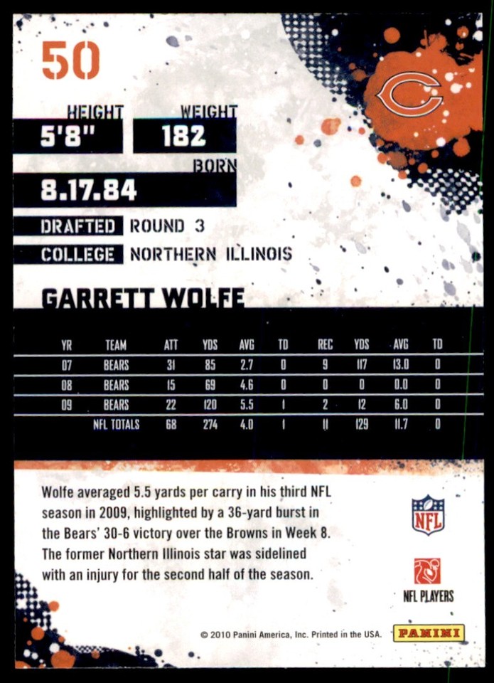2010 SCORE GARRETT WOLFE CHICAGO BEARS #50 | eBay