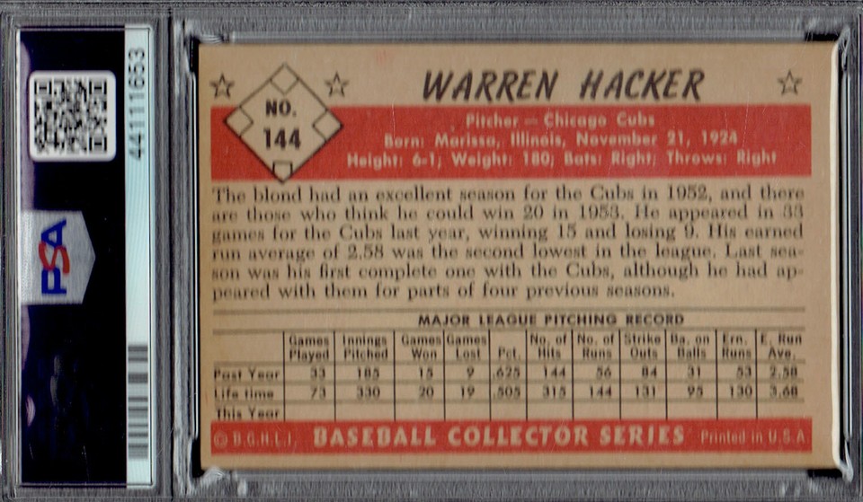 1953 Bowman Color 144 Warren Hacker. PSA 5 .5 EX+ HIGH NUMBER ...