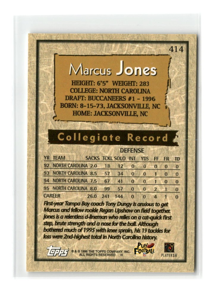 1996 Topps - #414 - Marcus Jones RC - Tampa Bay Buccaneers | eBay