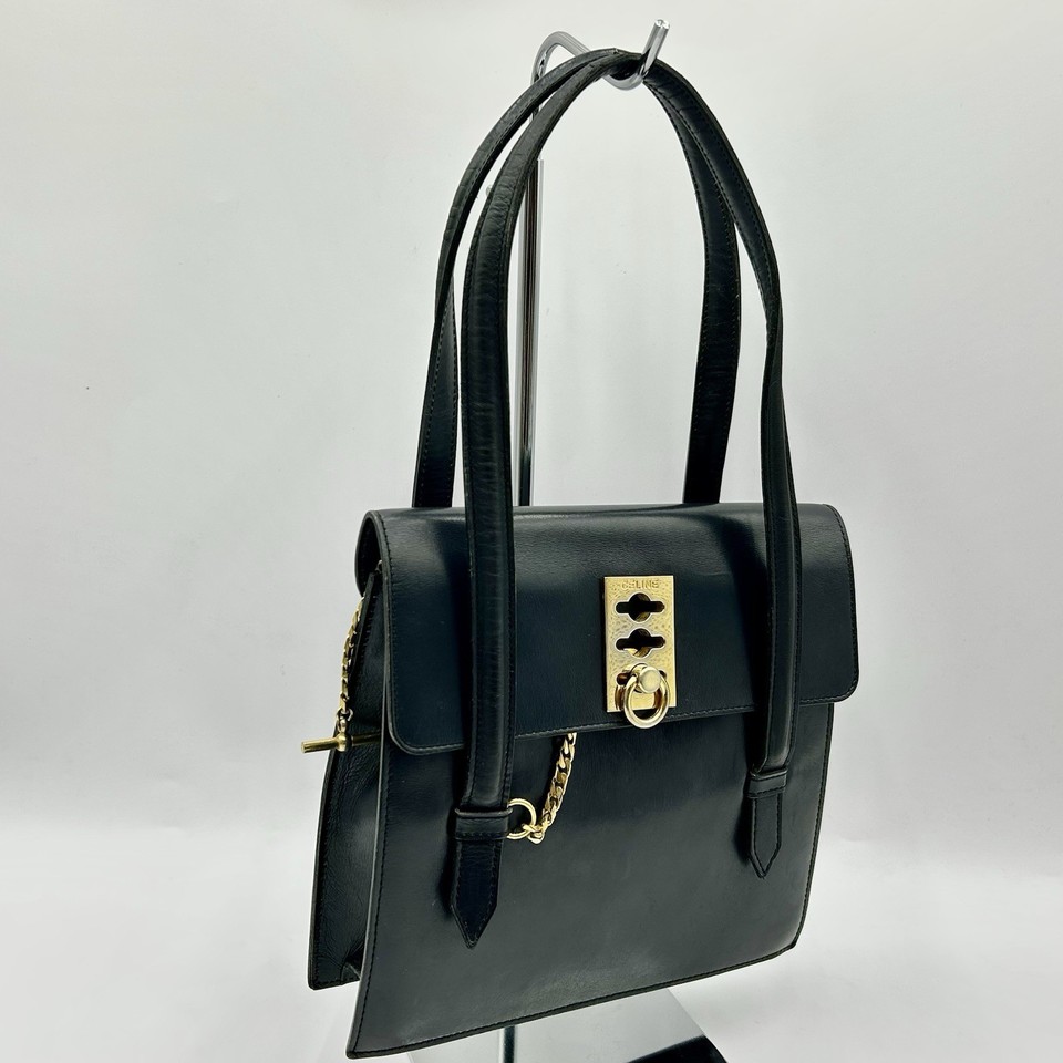CELINE Black Leather Mini Handbag Chain Lock Gold Hardware Reuse FS ...