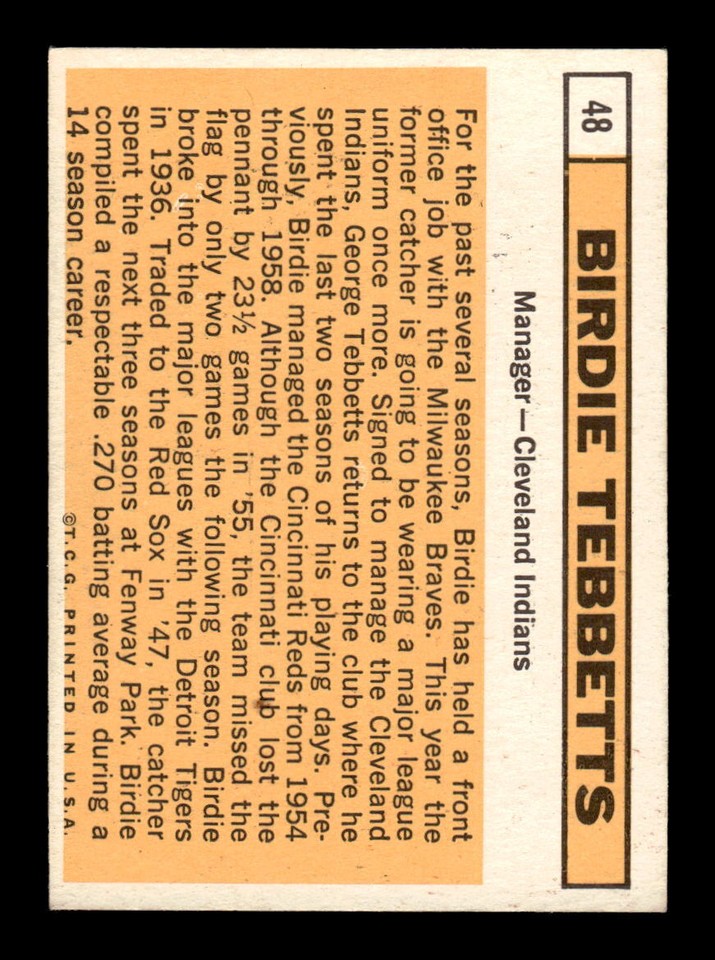 1963 Topps Baseball #48 Birdie Tebbetts MGR Cleveland Indians | eBay