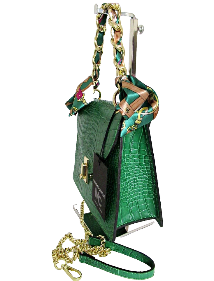 MASSIMO CASTELLI CROC EMBOSSED LEATHER BAG HANDBAG W ACCENT SCARF- MADE ...