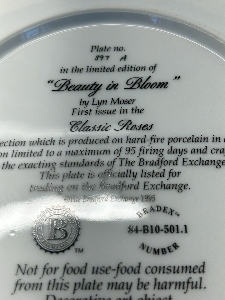 BEAUTY IN BLOOM Classic Roses Flower Plate LYN MOSER Bradford Exchange ...
