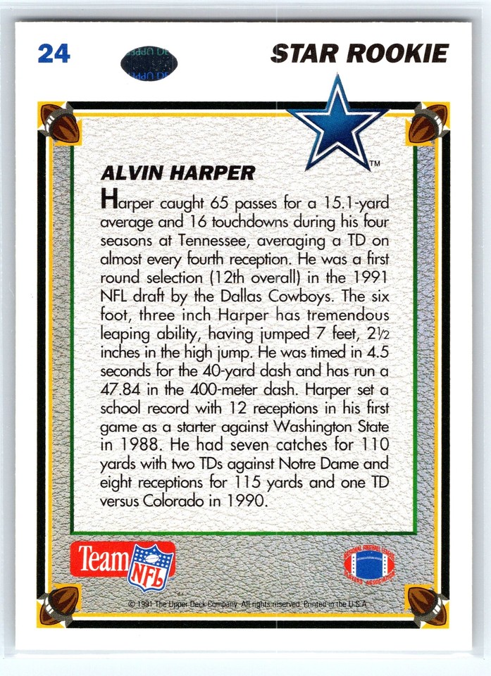 1991 Upper Deck #24 Alvin Harper Football Dallas Cowboys Rookie | eBay